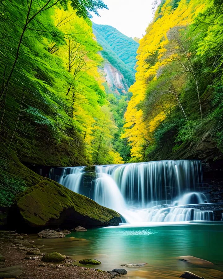 Waterfall Nature Scene stock illustration. Illustration of beautiful ...