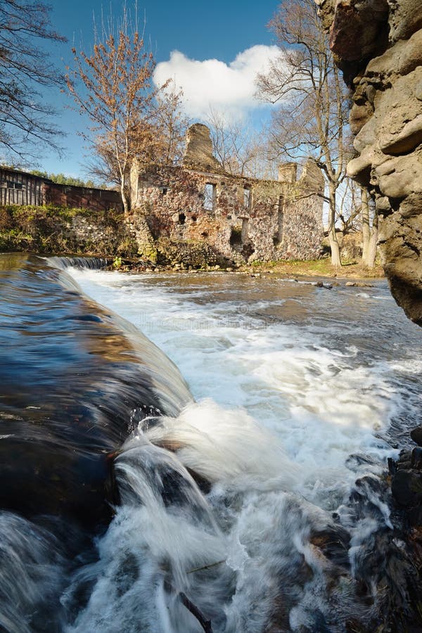 Waterfall Near Ruins of Old Mill Stock Photo - Image of majestic ...