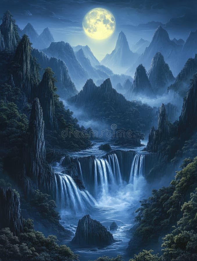 Waterfall at Night with Full Moon Stock Photo - Image of waterfall ...