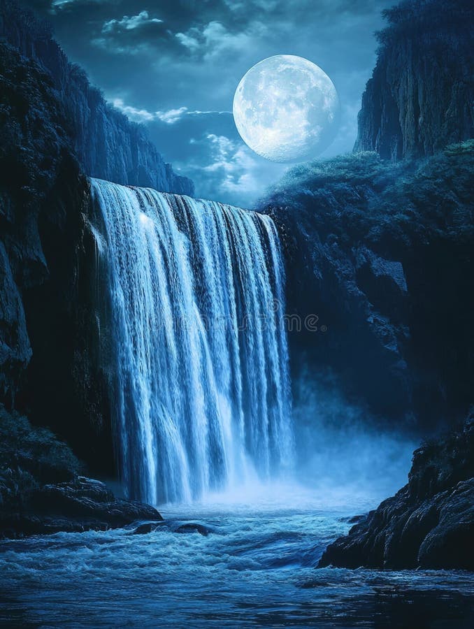Waterfall at Night with Full Moon Stock Image - Image of full, nature ...