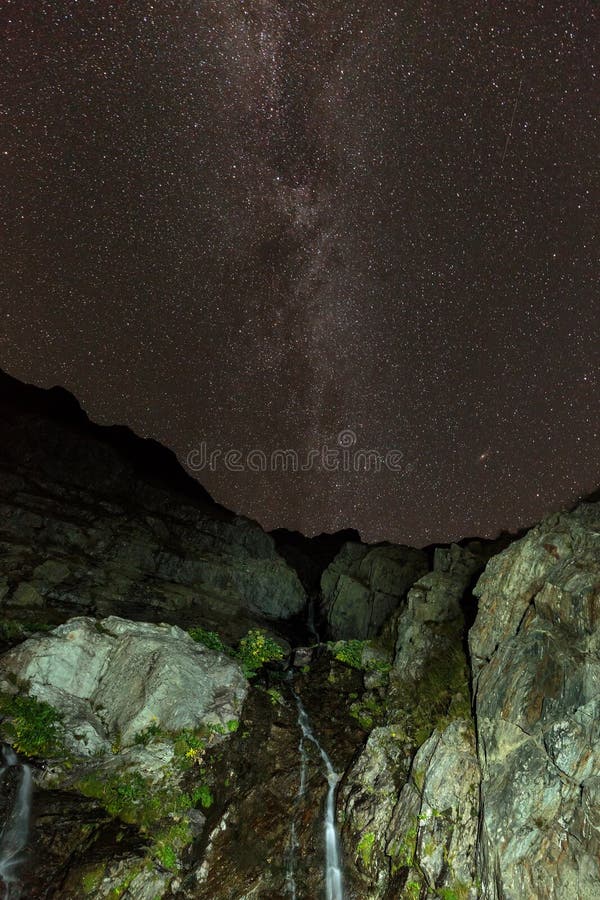 Waterfall at Night with Starry Sky Stock Photo - Image of landscape ...