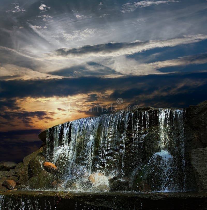 Waterfall at Night at Sunset Stock Photo - Image of nature, abstract ...