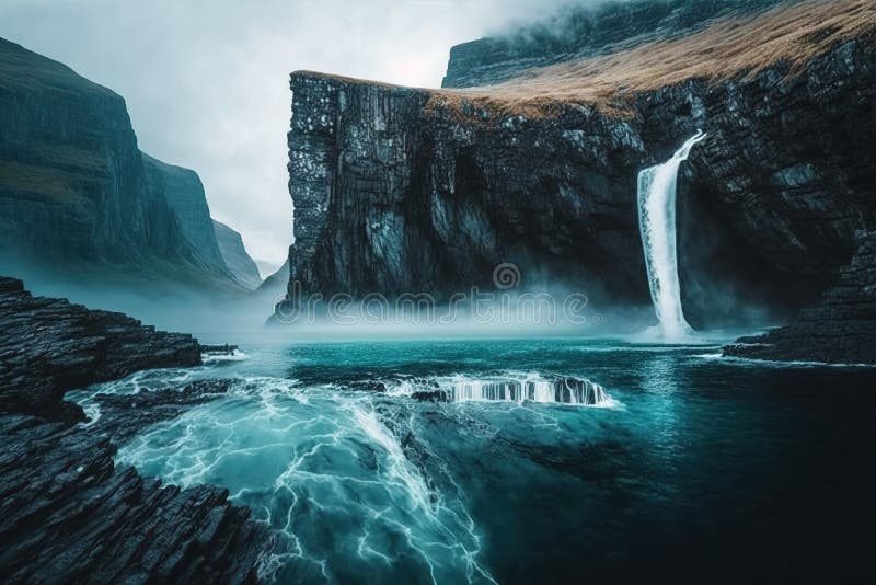 Waterfall into the ocean stock illustration. Illustration of coast ...