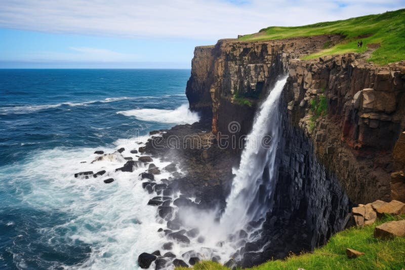 Waterfall Over Jagged Cliff into Ocean Stock Photo - Image of outdoor ...