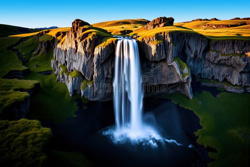 Waterfall Over Rock Formation in Open Plains. AI Generation Stock Photo ...