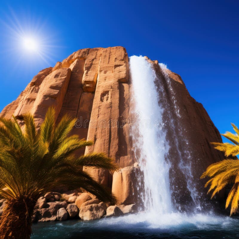 A waterfall and palm trees stock illustration. Illustration of travel ...