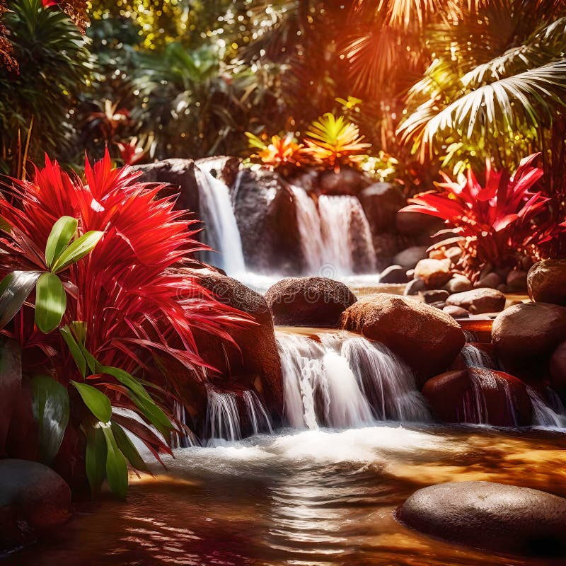 Waterfall with Plants and Flowers Around the Forest Stock Illustration ...