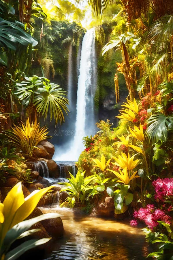 Waterfall with Plants and Sunset in the Middle of the Forest Stock ...