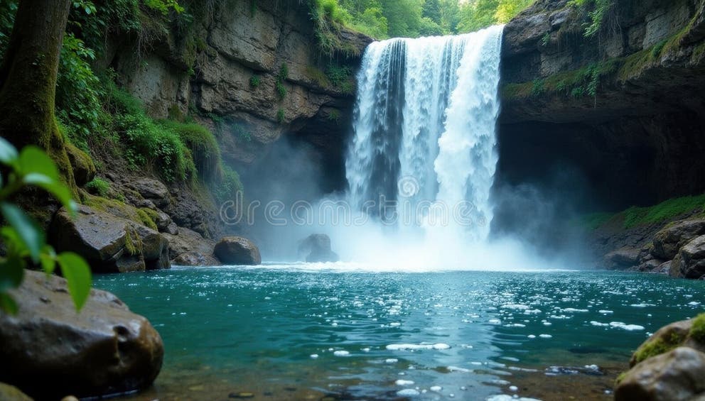Waterfall Plunges into a Rocky Pool, Creating Mist , Texture, Rocky ...