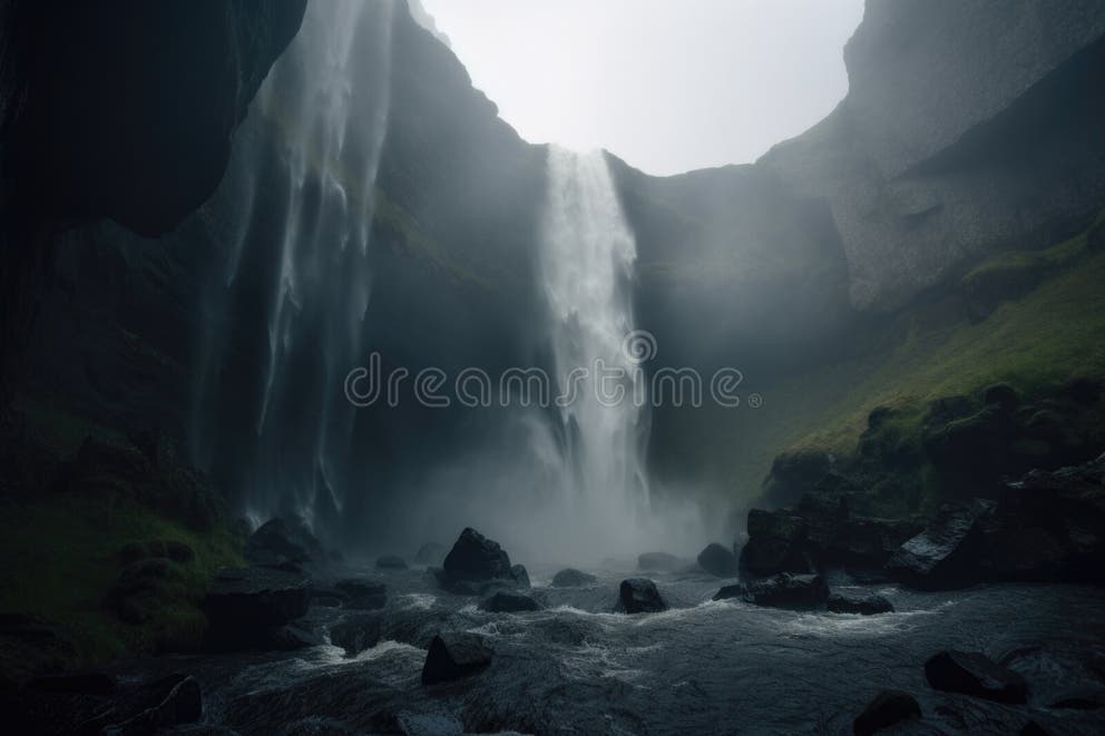 Waterfall Plunging into Deep, Dark Abyss, with Mist Rising Stock ...