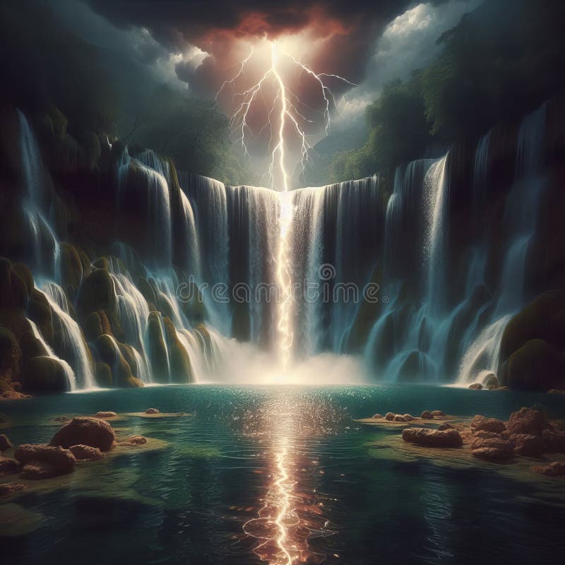 Waterfall Pool Lightning Lightning Striking the Pool of Water Be Stock ...