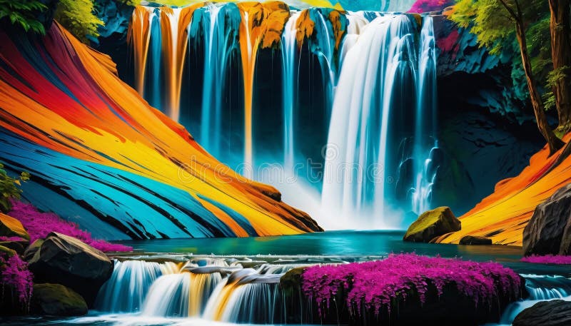 A Waterfall with a Rainbow Colored Stream of Water Stock Illustration ...