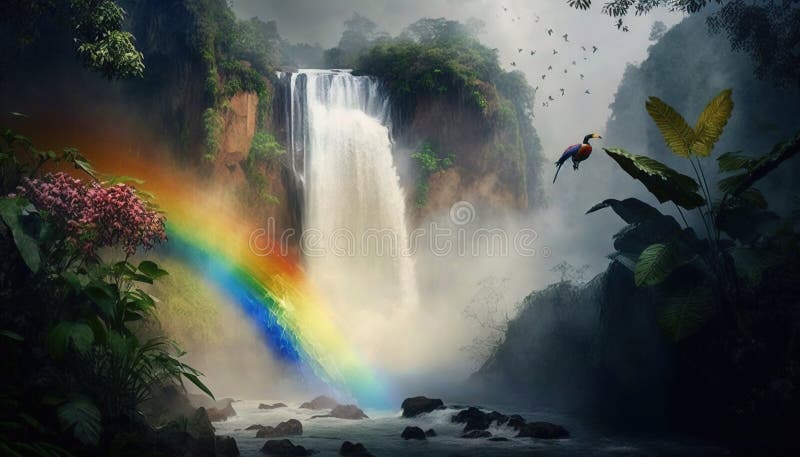 A Waterfall with a Rainbow in the Middle of it and a Bird Flying Over ...