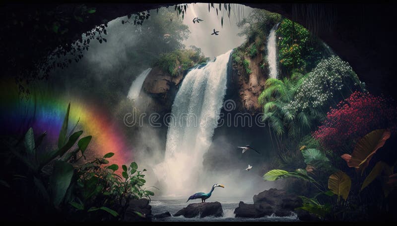 A Waterfall with a Rainbow in the Middle of it and Birds Flying Around ...