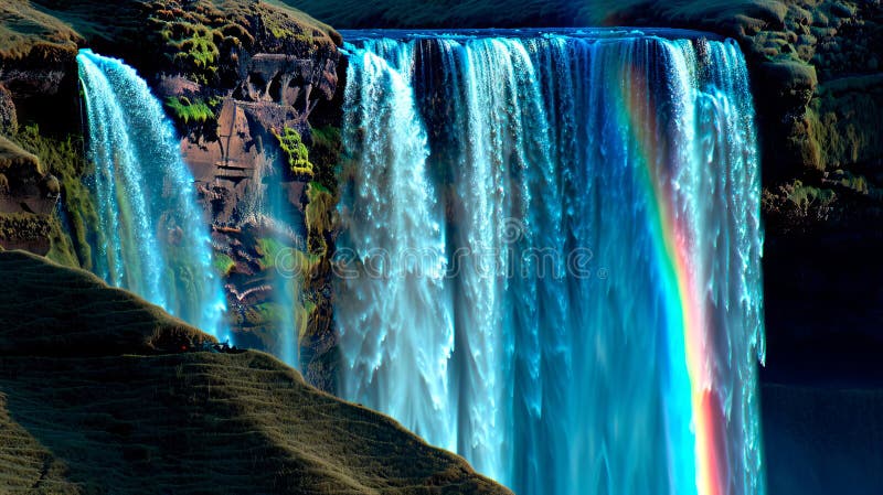 A Waterfall with a Rainbow in the Sky Stock Image - Image of generated ...