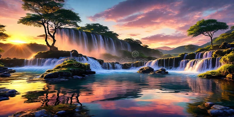 Waterfall Reflecting the Colors of the Sunset in Its Shimmering Waters ...