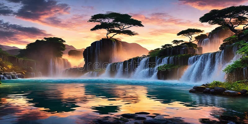 Waterfall Reflecting the Colors of the Sunset in Its Shimmering Waters ...