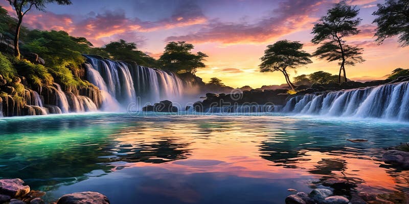 Waterfall Reflecting the Colors of the Sunset in Its Shimmering Waters ...