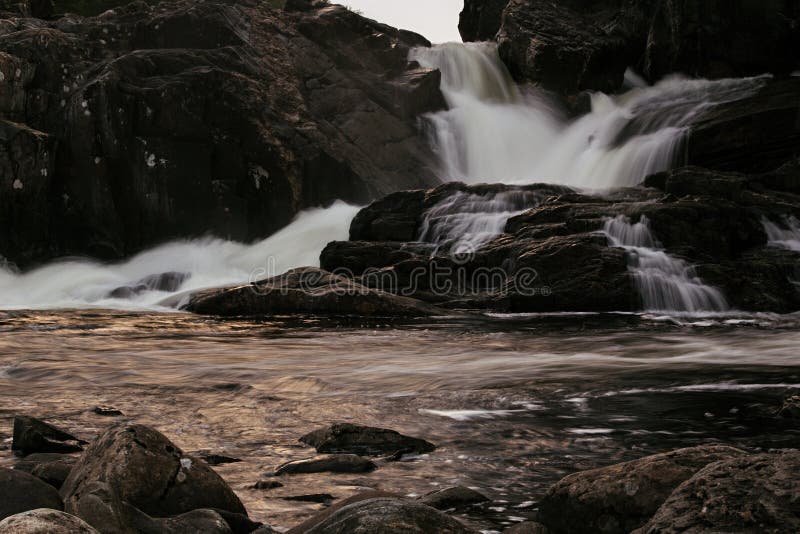 Waterfall with Reflection Glare of Setting Sun. Stock Image - Image of ...