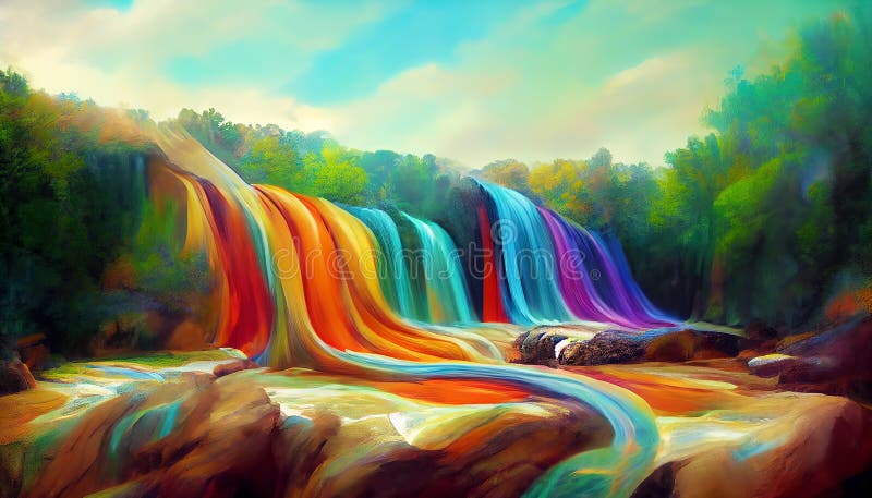 Waterfall River Flow in Rainbow Colored Forest. Digital Illustration ...