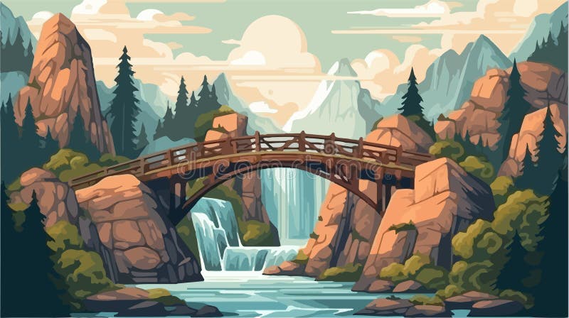 Waterfall with Rock Cliffs and Wooden Bridge Landscape Vector Stock ...