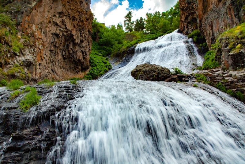 Waterfall and Rock with Trees Aunder Sky Stock Image - Image of water ...