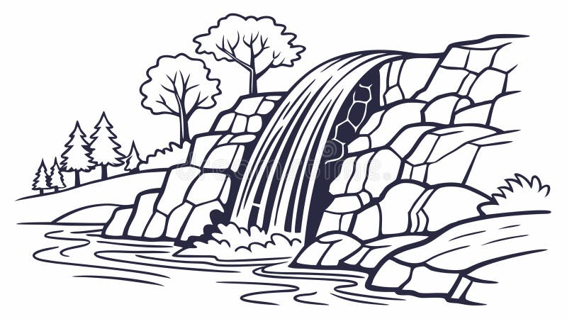 Waterfall Rocks Forest Nature Outline Drawing, Vector Design Generative ...