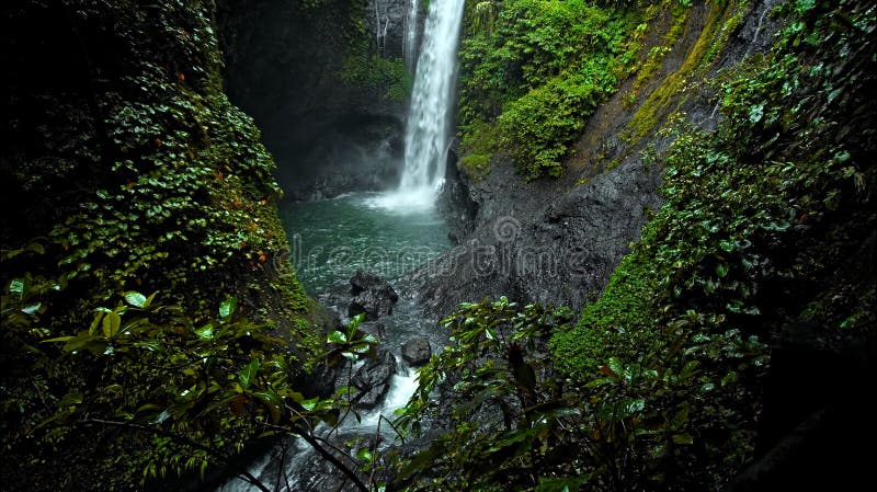 Waterfall with Rocks among Tropical Jungle with Green Plants and Trees ...