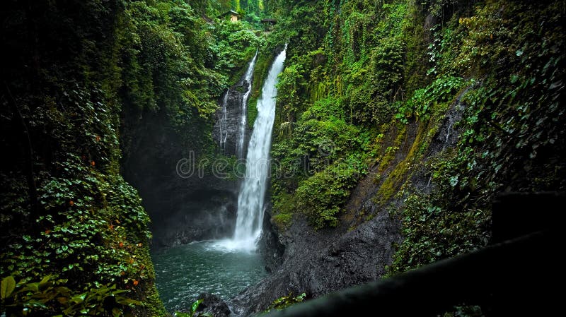 Waterfall with Rocks among Tropical Jungle with Green Plants and Trees ...