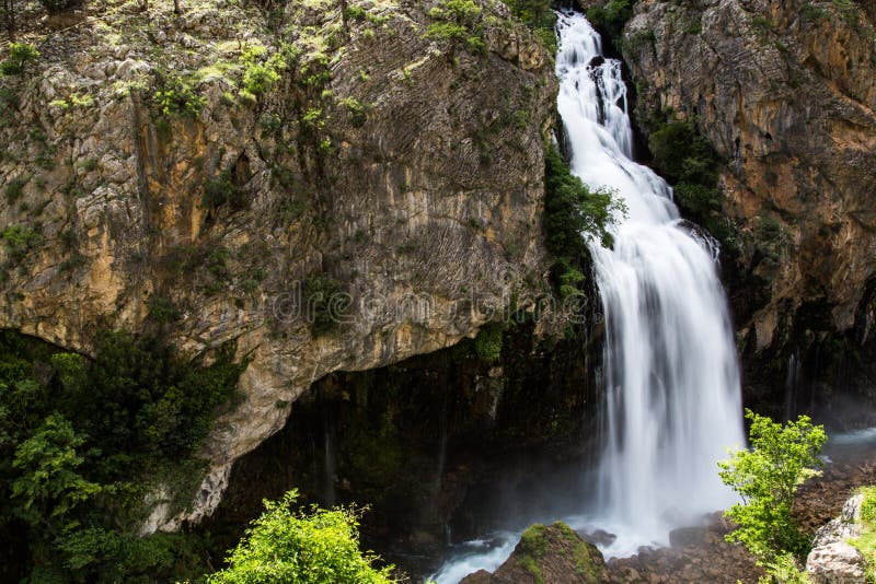 Waterfall On Rocky Cliff, Mount Rainier National Park, Stock Image ...