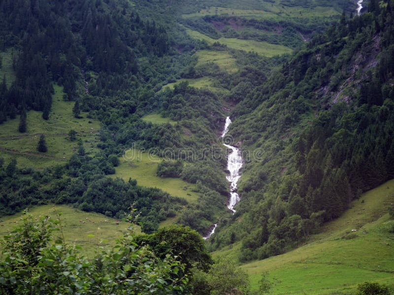 Waterfall Running through Europe Road Side Mountain. Lush Nature Stock ...