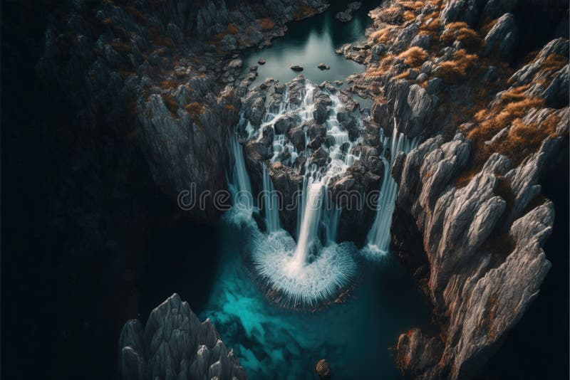 A Waterfall is Seen from Above in a Cave with a Pool of Water in the ...