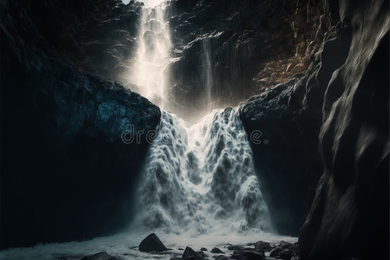 A Waterfall is Seen from the Bottom of a Cave with a Large Waterfall ...