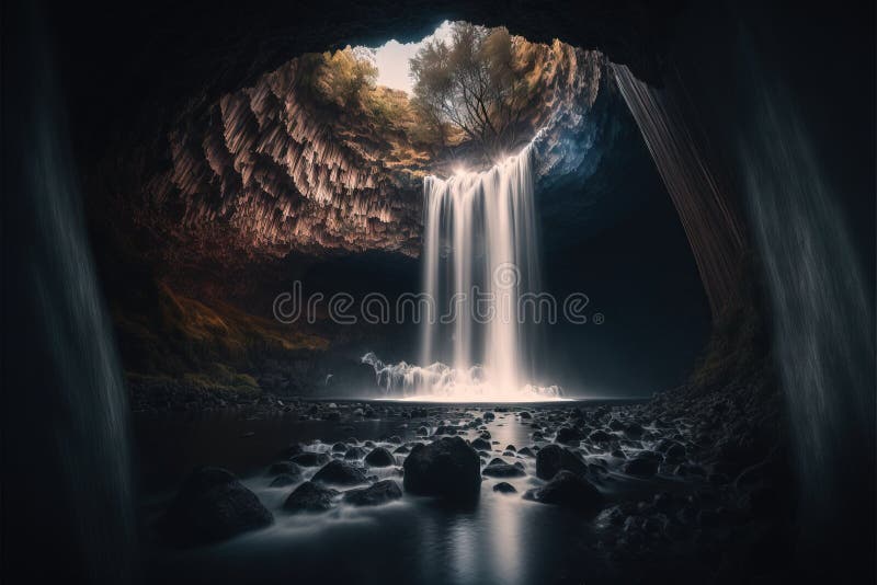 A Waterfall is Seen from the Inside of a Cave with a Waterfall in the ...