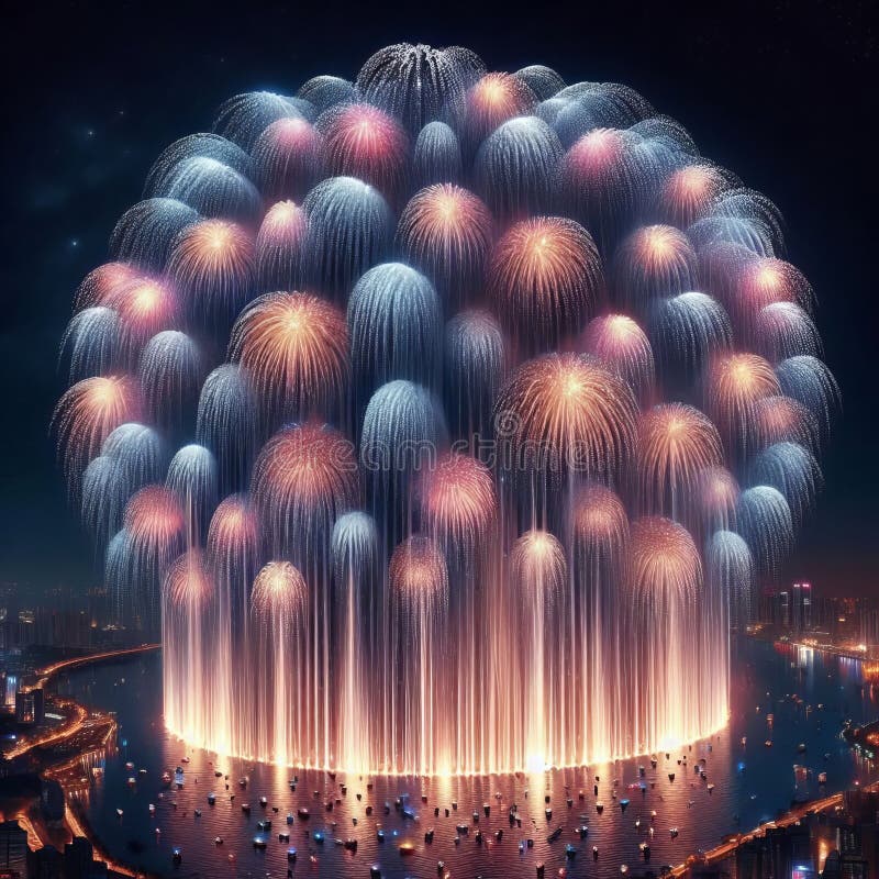 34 36. Waterfall Shells_ Large, Spherical Fireworks Th Stock Photo ...