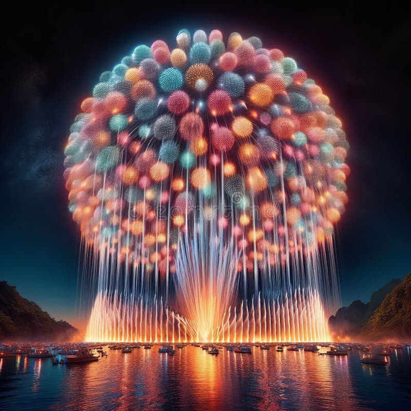 36 36. Waterfall Shells_ Large, Spherical Fireworks Th Stock Photo ...