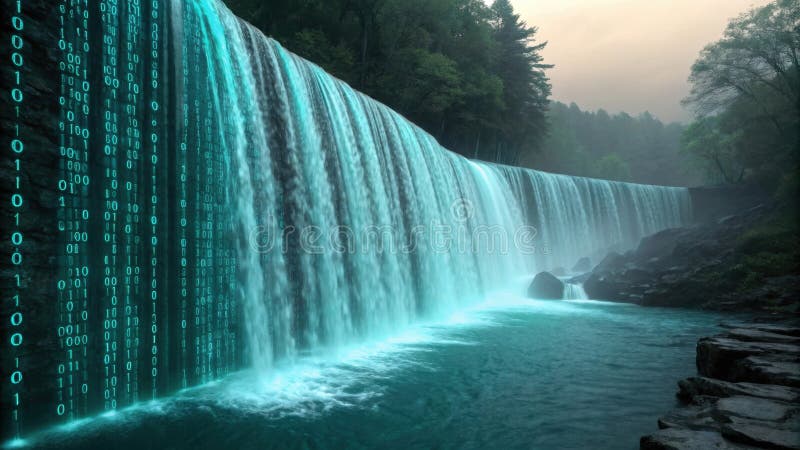Waterfall Showing Binary Code in a Green Forest Stock Photo - Image of stream, green: 349731104