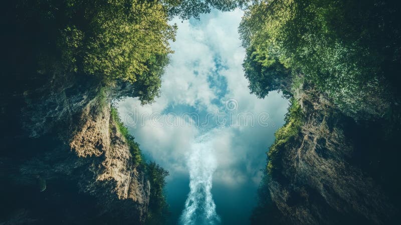 A Waterfall is Shown in the Middle of a Forest, with a Cloudy Sky Above ...