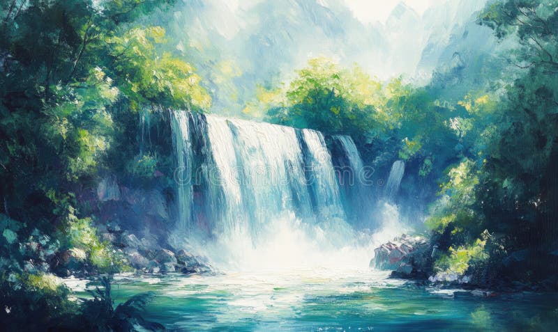 A Waterfall is Shown in a Painting Stock Photo - Image of color ...