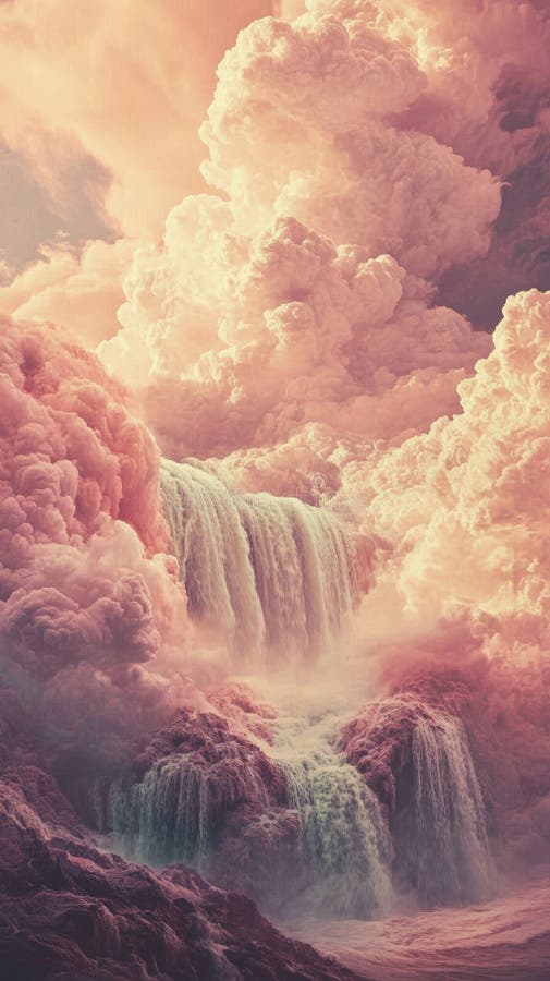 A Waterfall is Shown in the Sky with Pink Clouds Stock Illustration ...