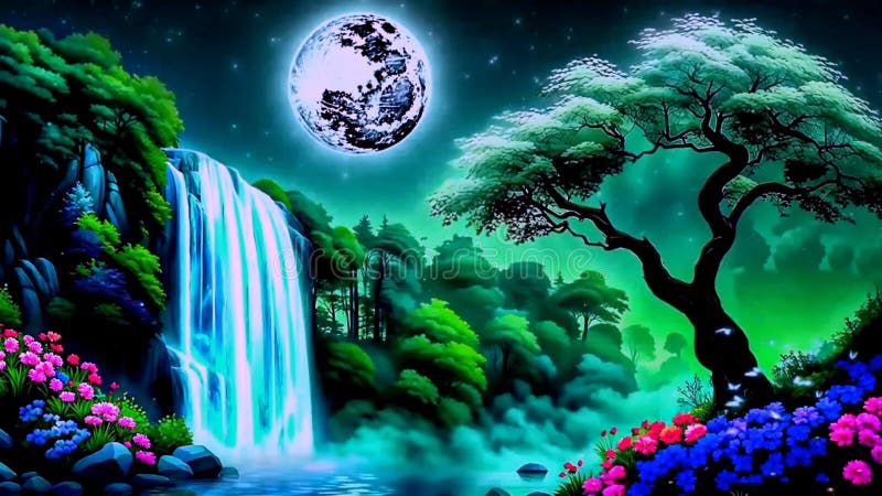 Waterfall in Spring when the Moon is Full Stock Video - Video of ...