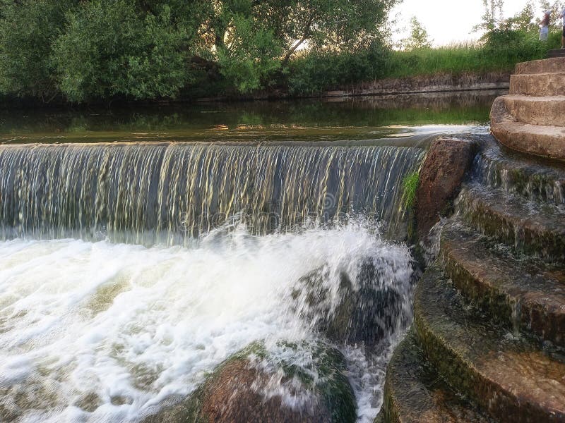 Waterfall with Stairs and Stones on the River Stock Photo - Image of ...