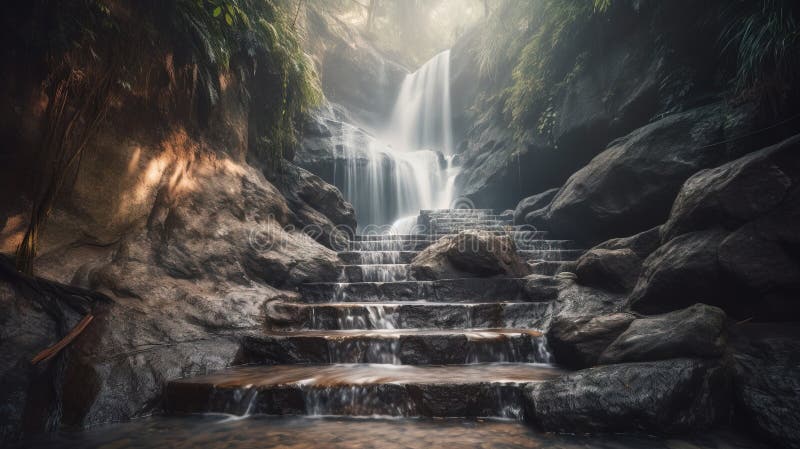 A Waterfall with Steps Leading To it in a Forest Area with Rocks and ...