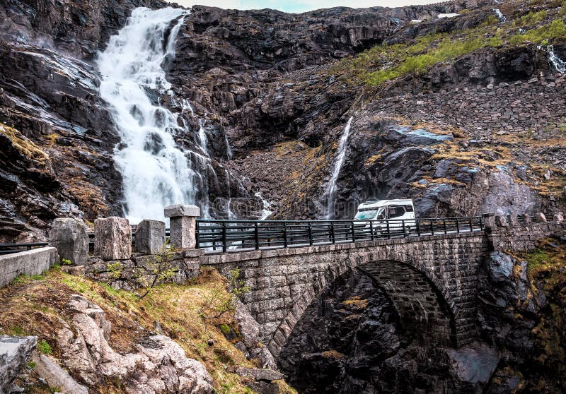 Waterfall, Stone Bridge and Camper Stock Photo - Image of scandinavia ...