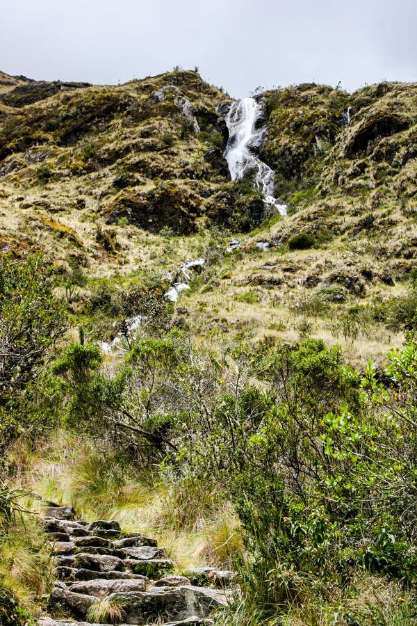 Waterfall on the Stone Paved Path Inca Trail. Stock Image - Image of ...