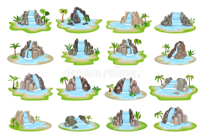 Waterfall with Stone Rock Cascade with Streaming Water Big Vector Set ...