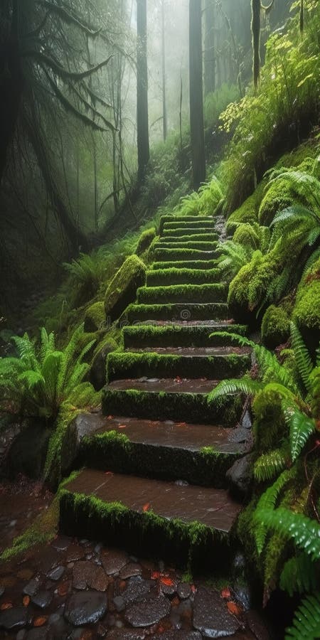 Waterfall Stone Steps Path Covered with Shamrock Clovers and Tiny Green ...