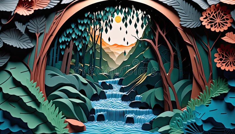 Waterfall Stream in Deep Forest., Layers Paper Art Style Stock ...