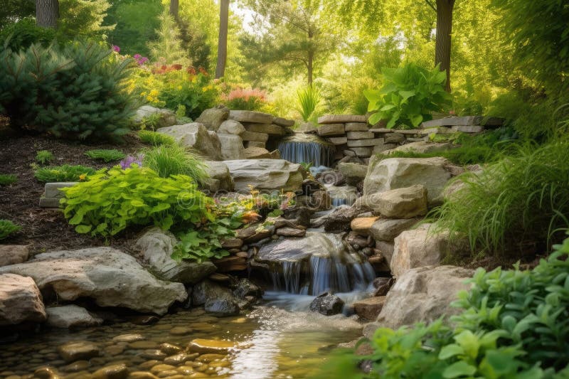 Waterfall and Stream Flowing from Pond into Garden Setting Stock Image ...