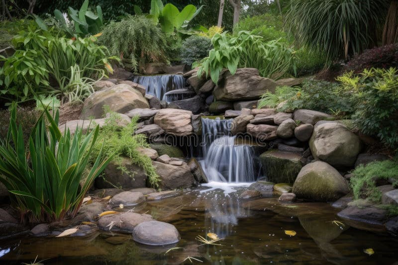 Waterfall and Stream Flowing from Pond into Garden Setting Stock Image ...